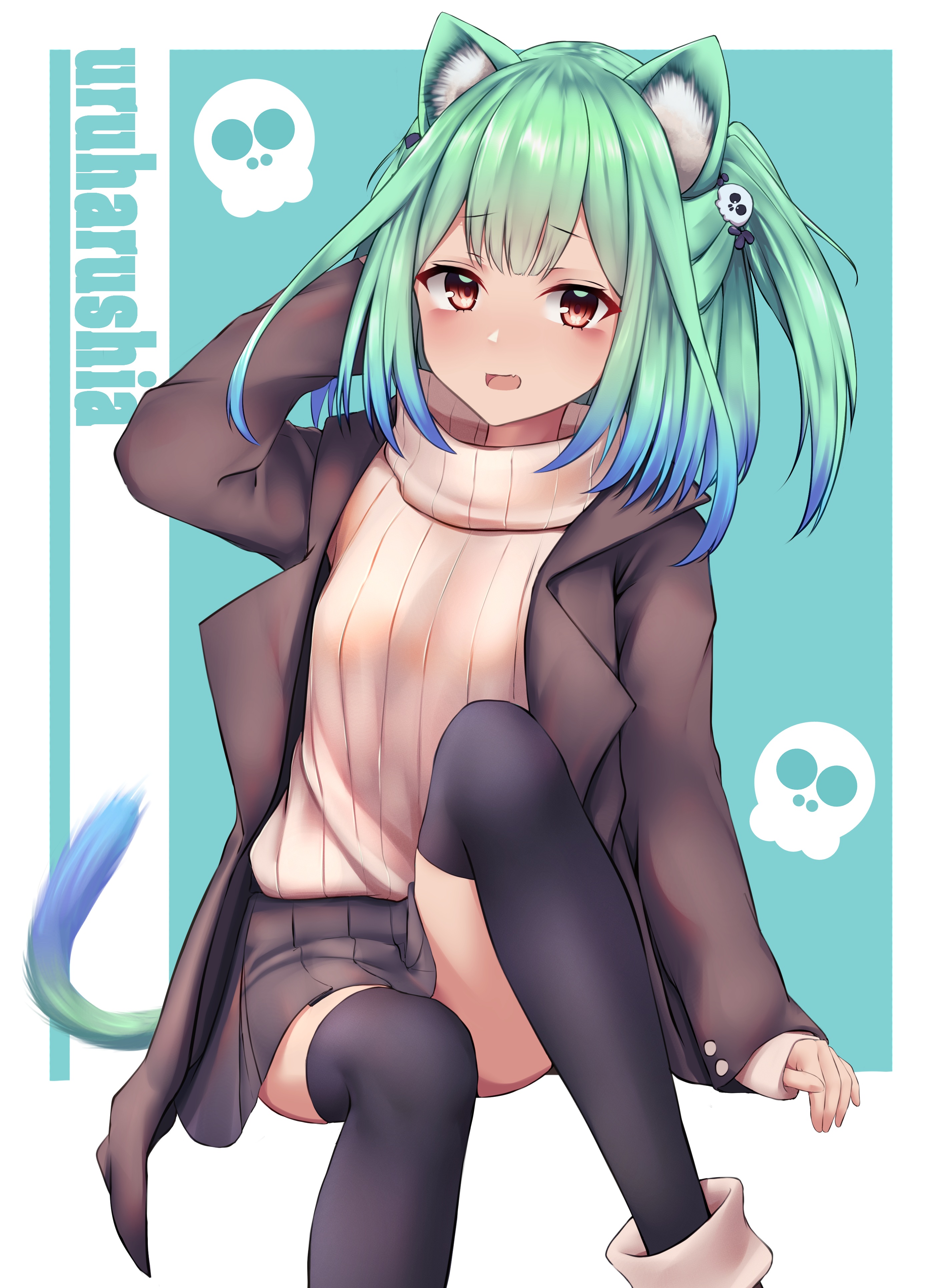 inaba teitoku hololive uruha rushia animal ears nekomimi skirt lift sweater tail thighhighs ...